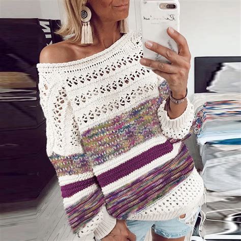 Lipswag сексуальный лоскутный свитер с открытыми плечами Осень зима Женский вязаный свитер с