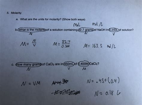 Solved 5 Molarity A What Are The Units For Molarity Show Chegg Com