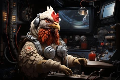 Angry Chicken Wearing Engineer Computer Picture Premium Ai Generated