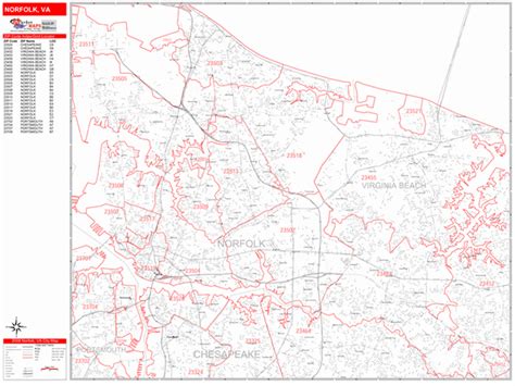 Norfolk Virginia Zip Code Wall Map Red Line Style By Marketmaps