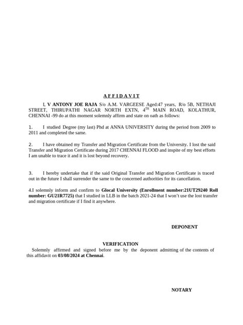 Affidavit For Obtaining Duplicate Copy Of Transfer Certificate Pdf