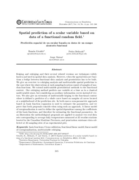 Pdf Spatial Prediction Of A Scalar Variable Based On Data Of A Functional Random Field