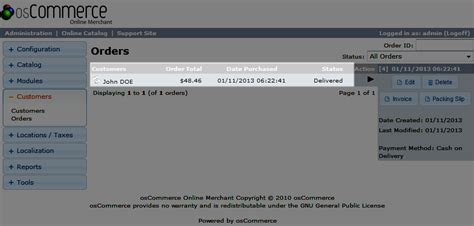 admin view of an oscommerce sale web hosting hub