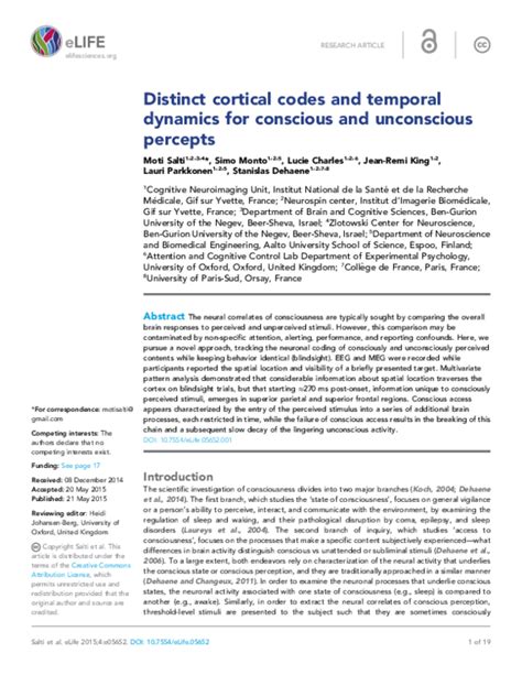 Pdf Distinct Cortical Codes And Temporal Dynamics For Conscious And Unconscious Percepts