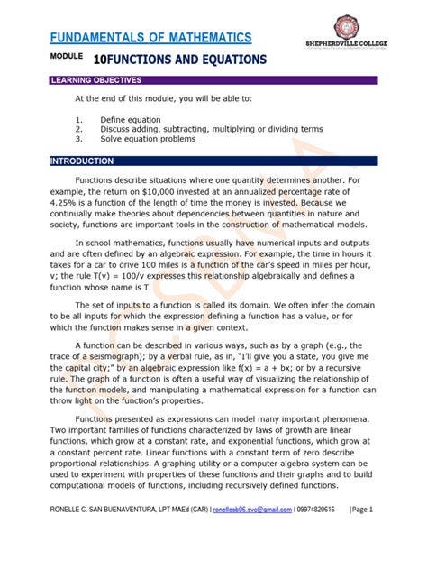 Funmath Module 10 Functons And Equations Pdf Function Mathematics