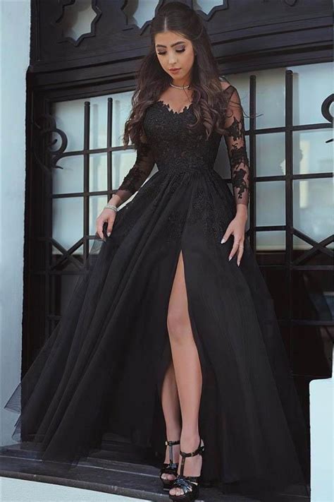 Slit Glamorous Lace Black Long Sleeve Evening Dress Prom Dress Pgmdress