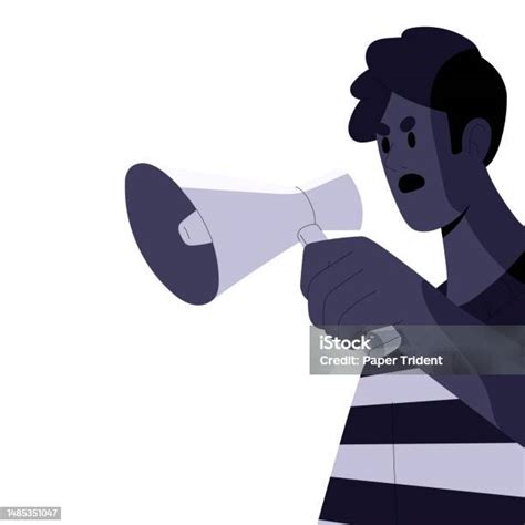 화난 연사가 손에 확성기를 들고 뿔뿔이 흩어지며 말한다 활동가 시위대가 소리를 지르며 확성기에서 불만을 표명합니다 불만 사악한 사람 흰색 배경에 분리된 플랫 벡터 그림