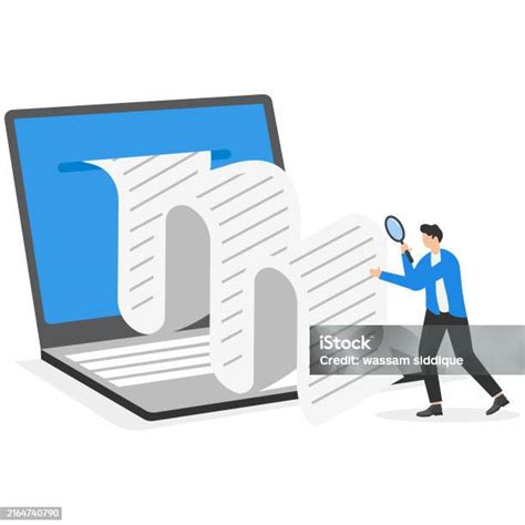 돋보기를 든 남자가 노트북 앞에 서 있고 그 화면에는 종이 문서 폴더 및 인장 서류가 나옵니다 3차원 형태에 대한 스톡 벡터 아트 및 기타 이미지 Istock