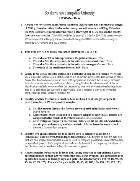 IHP Quiz Three Quiz Questions Answers And Work For Biostatistics Statcrunch Needed