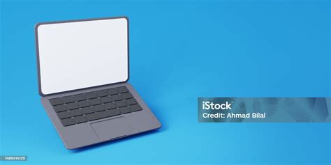파란색 배경에 빈 흰색 화면이 있는 3d 노트북과 텍스트를 위한 여유 공간이 있습니다 노트북을 띄우거나 공중에 뜨십시오 힙스터