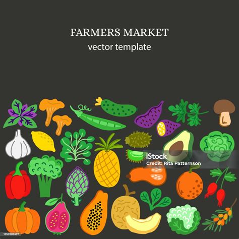 천연 채소와 과일이 있는 광고 포스터 어두운 배경을 가진 유기농 식품을 가진 플랫 벡터 템플릿 아티초크에 대한 스톡 벡터 아트