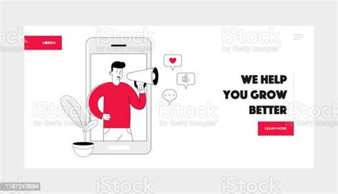 Smm 소셜 미디어 네트워킹 웹 사이트 방문 페이지 스마트폰 화면 스트리밍 비디오 포스트 발표 웹 페이지 배너에서 메가폰 스탠드를 가진 남자 블로거 만화 플랫 벡터 일러스트