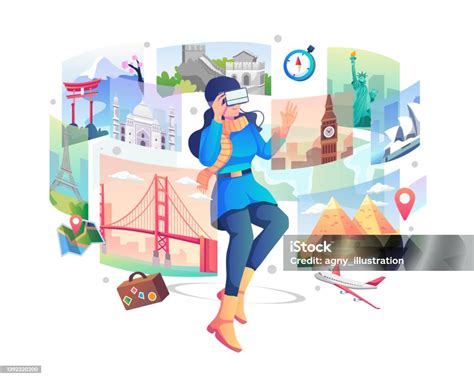 Vr 안경을 쓴 젊은 여성이 가상 현실을 통해 전 세계를 여행하는 게임 시뮬레이션을 수행합니다 엔터테인먼트 및 교육을위한 가상 여행 플랫 벡터 일러스트 레이 션 3차원