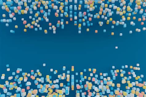 무작위 큐브 요소가있는 다채로운 추상 기하학적 3d 배경 색상의 파란색 팔레트 고급 추상적 인 배경 수평 크기 3d 렌더링 그림