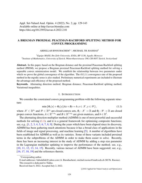 Pdf A Bregman Proximal Peaceman Rachford Splitting Method For Convex Programming