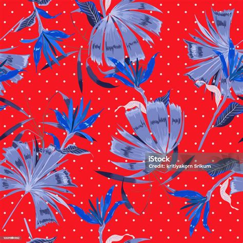 밝은 여름 열 대 꽃과 패션 섬유 및 모든 지문에 대 한 작은 폴라 점 패턴 원활한 벡터 이국적인 숲 배경 디자인에 나뭇잎