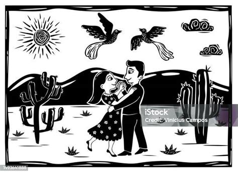 사막에서 춤을 추는 사랑하는 커플 날아가는 새 태양과 구름 선인장 브라질 코델 스타일의 목판화 벡터 목판화에 대한 스톡 벡터 아트 및 기타 이미지 Istock