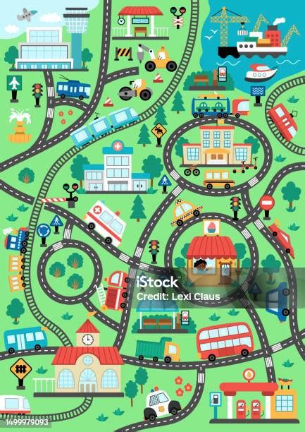 도시 교통지도 아이들을 위한 철도 도로 교통 표지판이 있는 배경 기차 자동차 트램 트럭이 있는 벡터 인포그래픽 요소 공항 항구 버스 정류장 주유소 카페가 있는 도시 계획