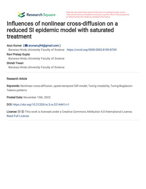 Pdf Influences Of Nonlinear Cross Diffusion On A Reduced Si Epidemic
