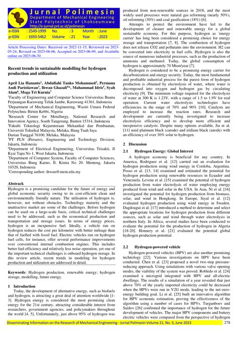 Pdf Recent Trends In Sustainable Modelling For Hydrogen Production And Utilization