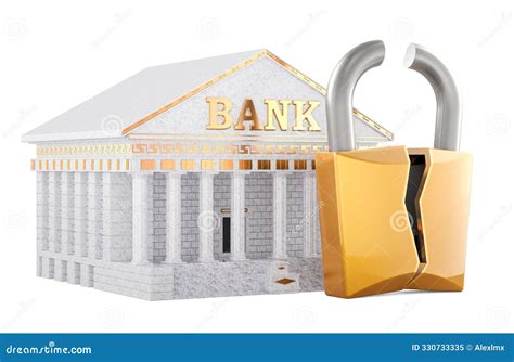 Bank Hacking Concept Bank Building With Broken Padlock 3d Rendering Stock Illustration