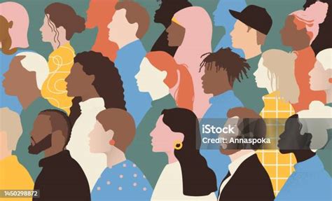 다른 사람들의 그룹 남자와 여자 프로필 실루엣 다양한 사회 문화적 정체성 다양한 종교적 신념과 성적 취향 국가 통합의 추상적인