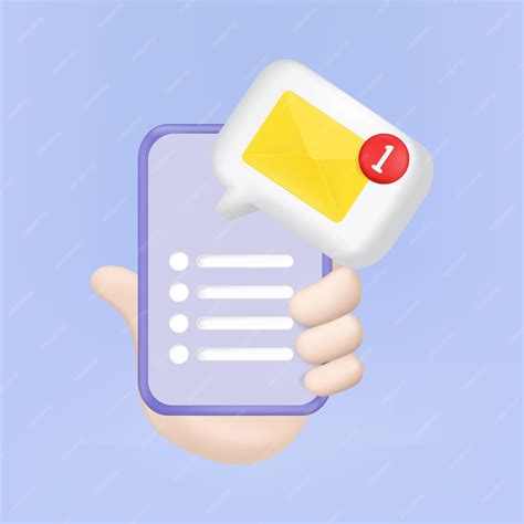 3d 손과 흰색 거품에 노란색 메일 봉투 빨간색 마커 하나의 메시지가 있는 메일 알림 프리미엄 벡터