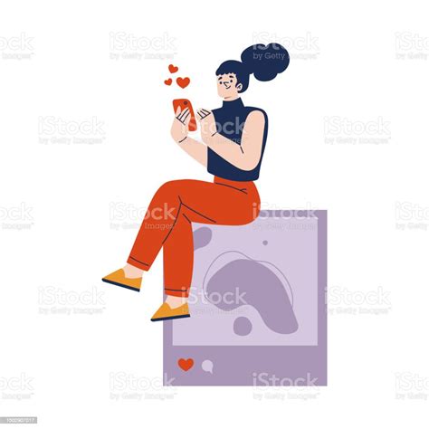 스마트폰을 좋아하는 젊은 여성과 공유 포스트 벡터 일러스트레이션을 가진 소셜 네트워크 Brand Name Smart Phone에