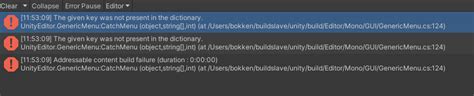 Content Build Fails With Key Not Present In Dictionary Exception Unity Engine Unity