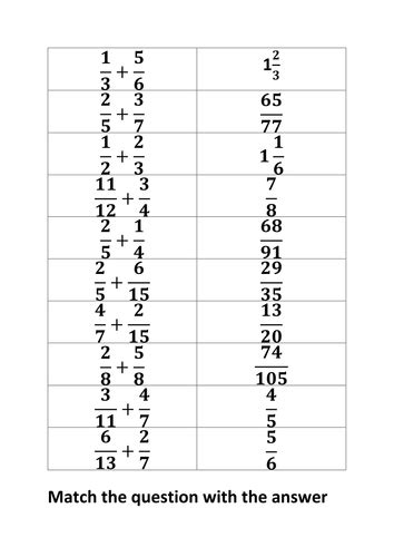 Matching Activity Adding Fractions Teaching Resources