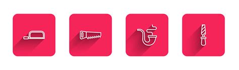 긴 그림자가 있는 쇠톱 손 흡연 파이프 및 Rasp 금속 파일을 설정합니다 빨간색 사각형 버튼입니다 벡터 강철에 대한 스톡 벡터 아트 및 기타 이미지 Istock