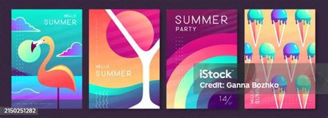 여름 속성을 가진 형광 다채로운 여름 포스터 세트입니다 칵테일 코스모 폴리탄 실루엣 플라밍고 아이스크림 무지개 벡터 일러스트 레이 션 여름에 대한 스톡 벡터 아트 및 기타