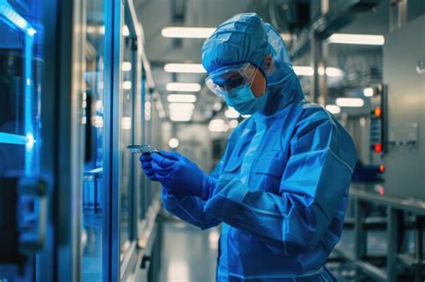 Premium Photo Engineer In Sterile Coverall Examines Microchip In