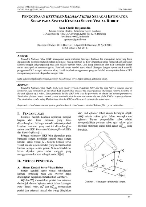 Pdf Penggunaan Extended Kalman Filter Sebagai Estimator Sikap Pada Sistem Kendali Servo Visual