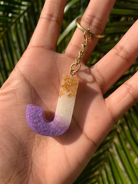 Custom Resin Initial Keychain With Gold Flakes And Purple Ombre Personalized Letter Keyring