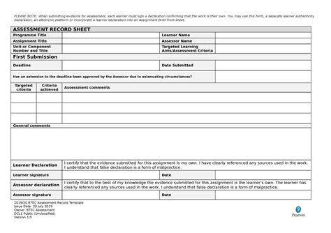 Btec Assessment Record Declaration An Electronic Platform Or