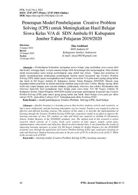 Pdf Penerapan Model Pembelajaran Creative Problem Solving Cps Untuk Meningkatkan Hasil