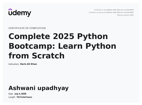My Course Completion Certificate For Complete 2025 Python Bootcamp Learn Python From Scratch