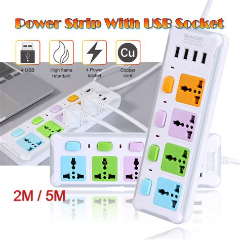 Multi Function Socket 2m 5m Us Plug 4 Power Socket Strip With Individual Switch 4 Usb Ports Max