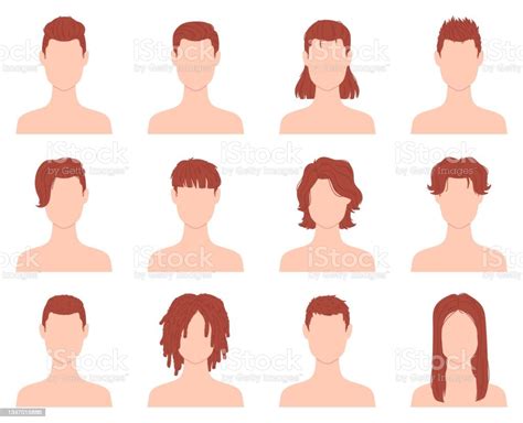 짧고 길고 곱슬 곱슬 머리를 가진 남자 또는 소년을위한 만화 헤어 스타일 이발소 살롱에서 남성 헤어 스타일 플랫 패션 남자 헤어 스타일 아이콘 벡터 세트 곱슬 머리에 대한