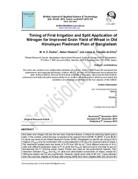 Pdf Timing Of First Irrigation And Split Application Of Nitrogen For Improved Grain Yield Of