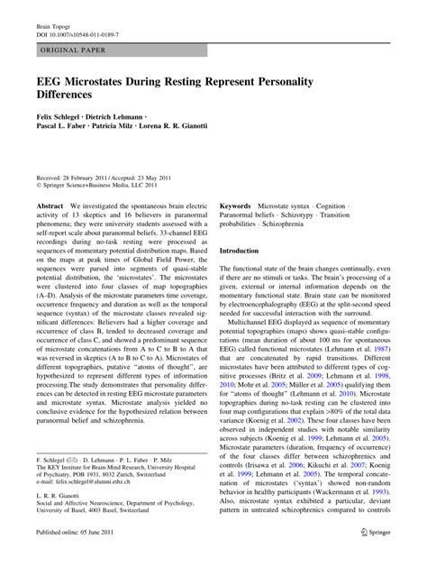 Pdf Eeg Microstates During Resting Represent Personality Differences