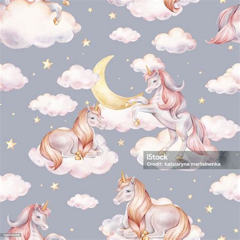 유니콘과 노란색 별 그리고 구름이 있는 완벽 한 수채화 패턴 손으로 그린 보육원 벽지 아기 장식 직물 또는 어린이 종이의 배경 그림 파스텔 색상 조랑말 0명에 대한 스톡