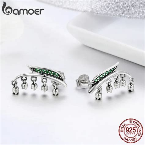 Bamoer настоящие 925 пробы серебряные весенние зеленые листья дерева цветок лепесток кисточкой