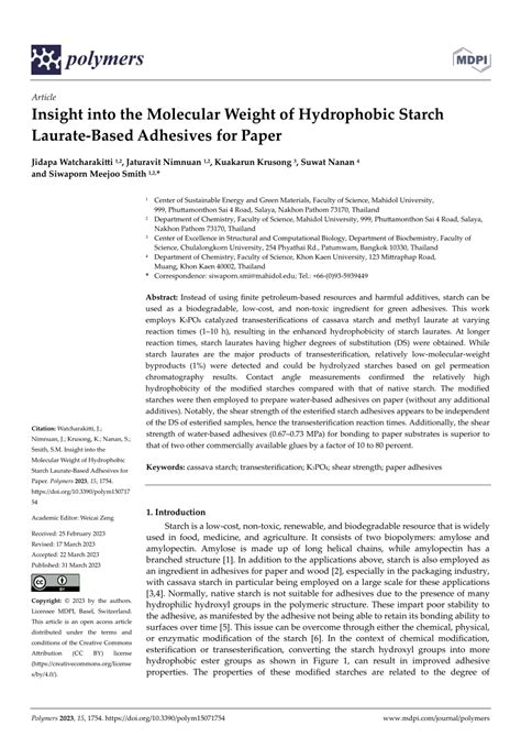 Pdf Insight Into The Molecular Weight Of Hydrophobic Starch Laurate Based Adhesives For Paper