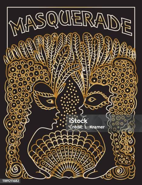 벡터 추상 가면 드로잉입니다 카니발 파티 초대 카드 마디 그라 휴일 인사말입니다 황금 선형 손으로 그린 낙서 스케치 마스크 바로크 가발 팬 활 두루마리 색종이에 검은 색