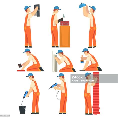 다른 전문 빌더 세트 전기 목수 화가 배관공 오렌지 바지와 블루 캡에 남성 건설 노동자 문자 장비 벡터 일러스트와 함께 작업 벽돌에 대한 스톡 벡터 아트 및 기타 이미지
