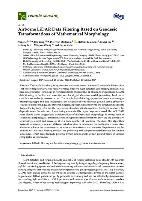 Pdf Airborne Lidar Data Filtering Based On Geodesic Transformations Of Mathematical Morphology