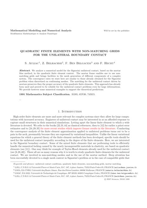 Pdf Quadratic Finite Elements With Non Matching Grids For The Unilateral Boundary Contact