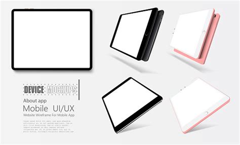 흰색 배경에 격리 된 빈 화면태블릿 Pc 컴퓨터 태블릿은 서로 다른 위치와 회전된 상태입니다 사실적이고 상세한 장치 모형 벡터 일러스트레이션 태블릿에 대한 스톡 벡터 아트